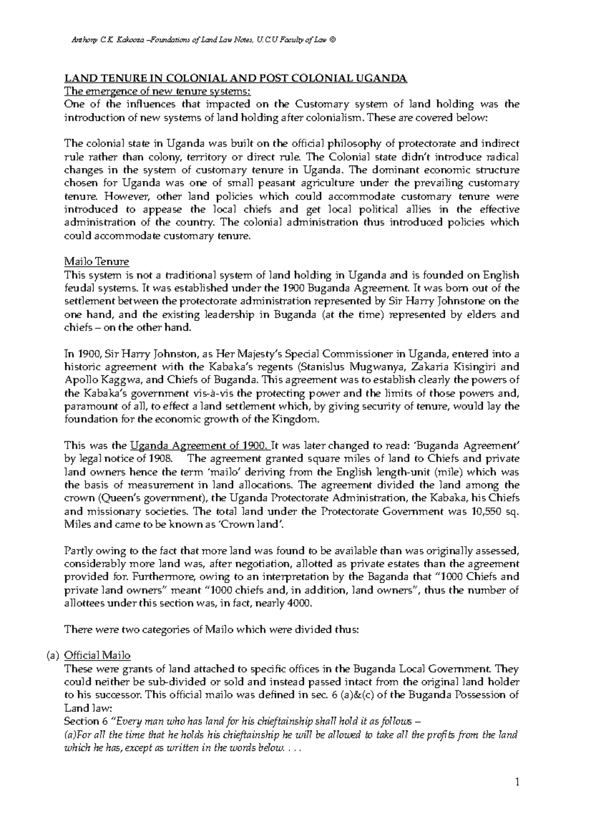 Land Tenure in Pre and Post colonial Uganda - LAND TENURE IN COLONIAL ...