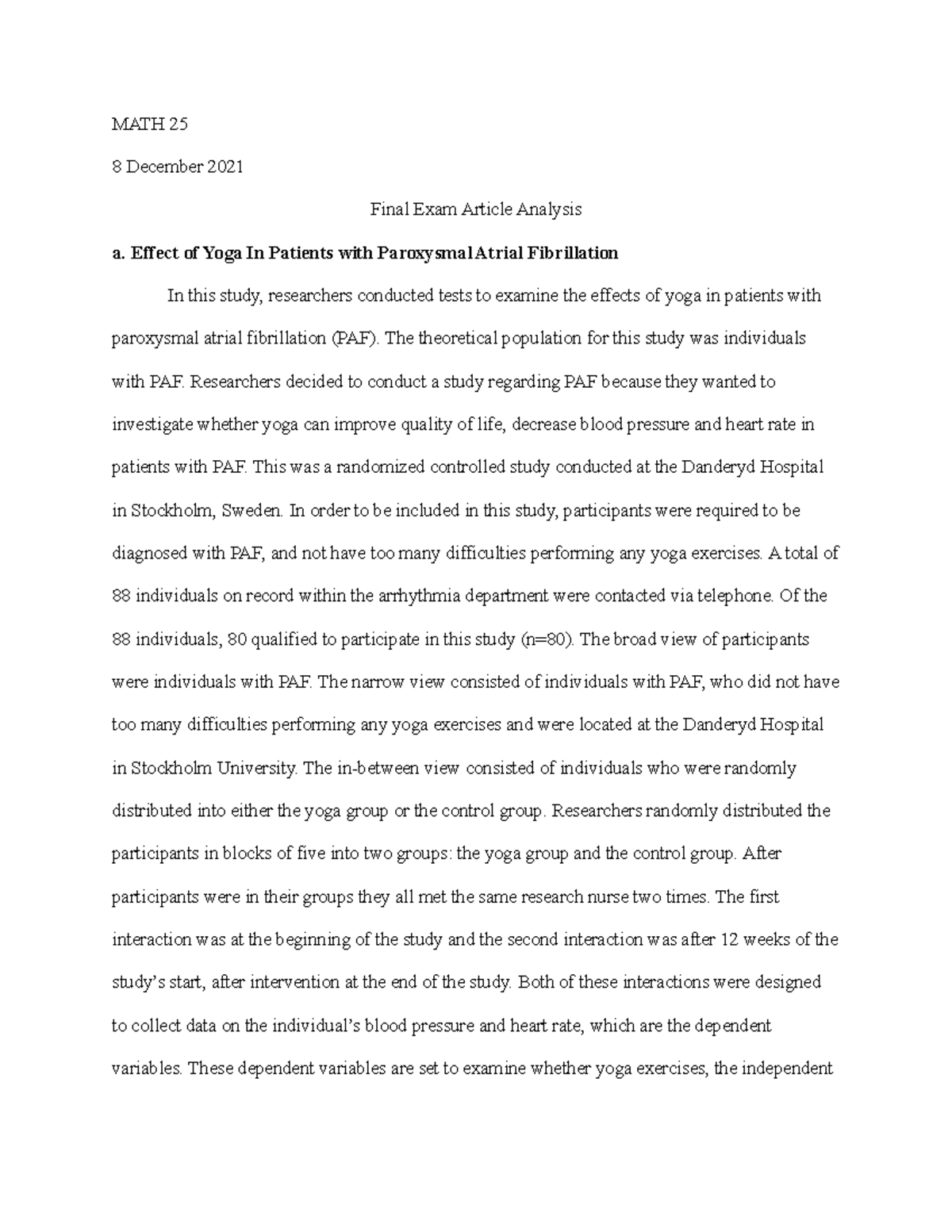 Math Analysis Finals - MATH 25 8 December 2021 Final Exam Article Analysis a. Effect of Yoga In ...