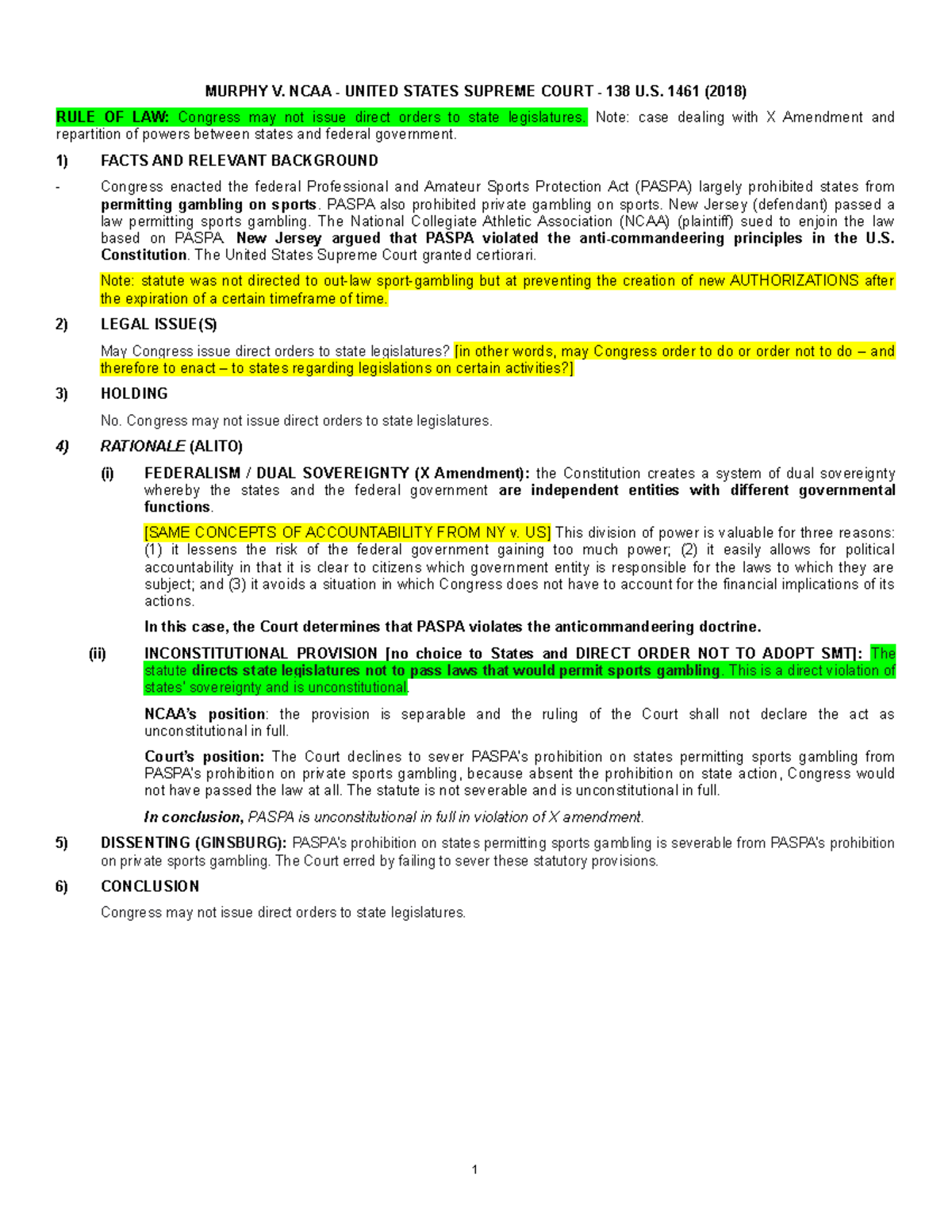 TENTH AMENDMENT / SEPARATION OF POWERS: Case brief & CLASS NOTES Murphy ...