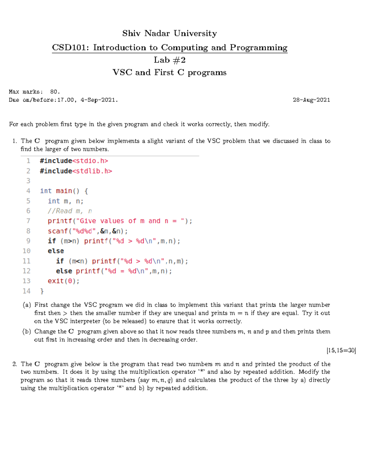 Electronic lab 2 year 2014/15 worth downloading - Shiv Nadar University CSD101: Introduction to ...