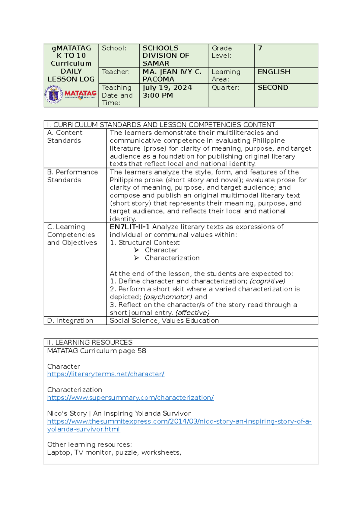 Matatag-Curriculum-Lesson-Plan - gMATATAG K TO 10 Curriculum DAILY ...