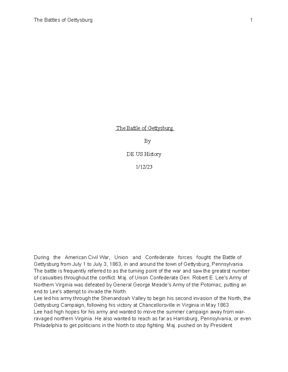 Federalism assignments - The Battles of Gettysburg 1 The Battle of ...