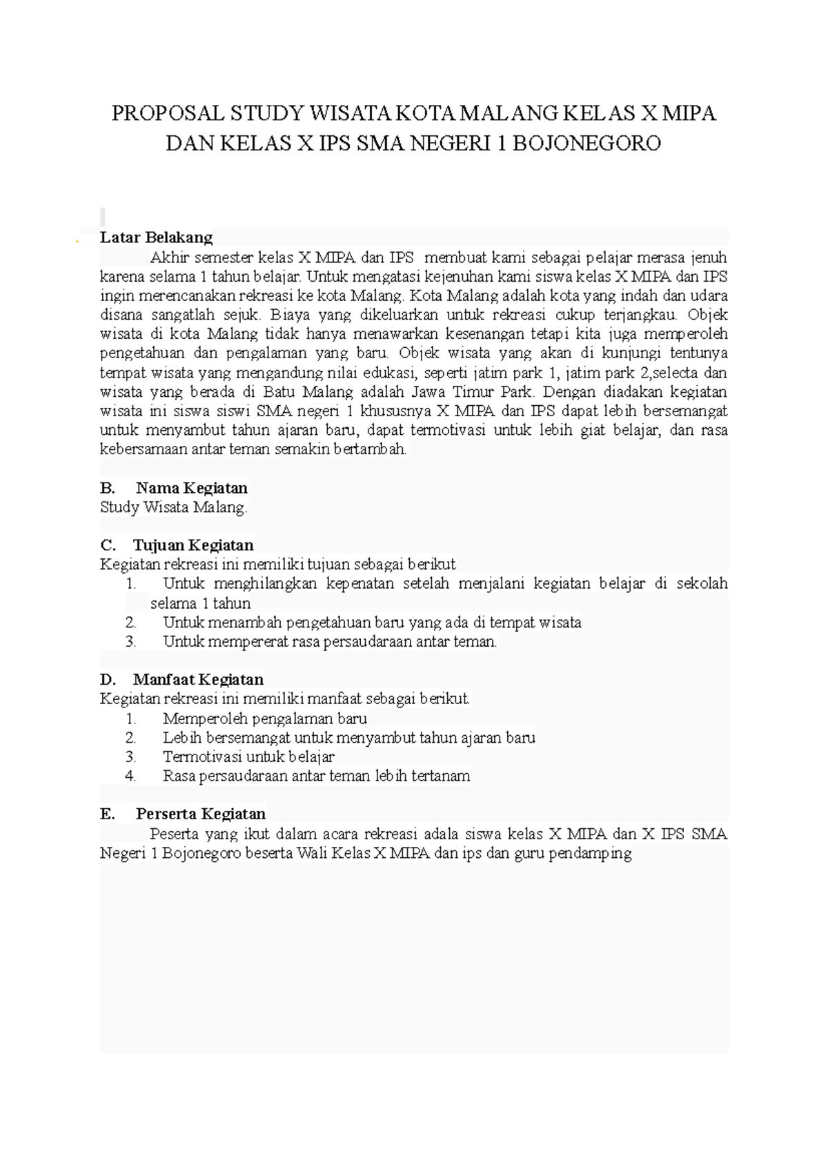 Proposal Study Wisata Malang ADEL - PROPOSAL STUDY WISATA KOTA MALANG KELAS X MIPA DAN KELAS X ...