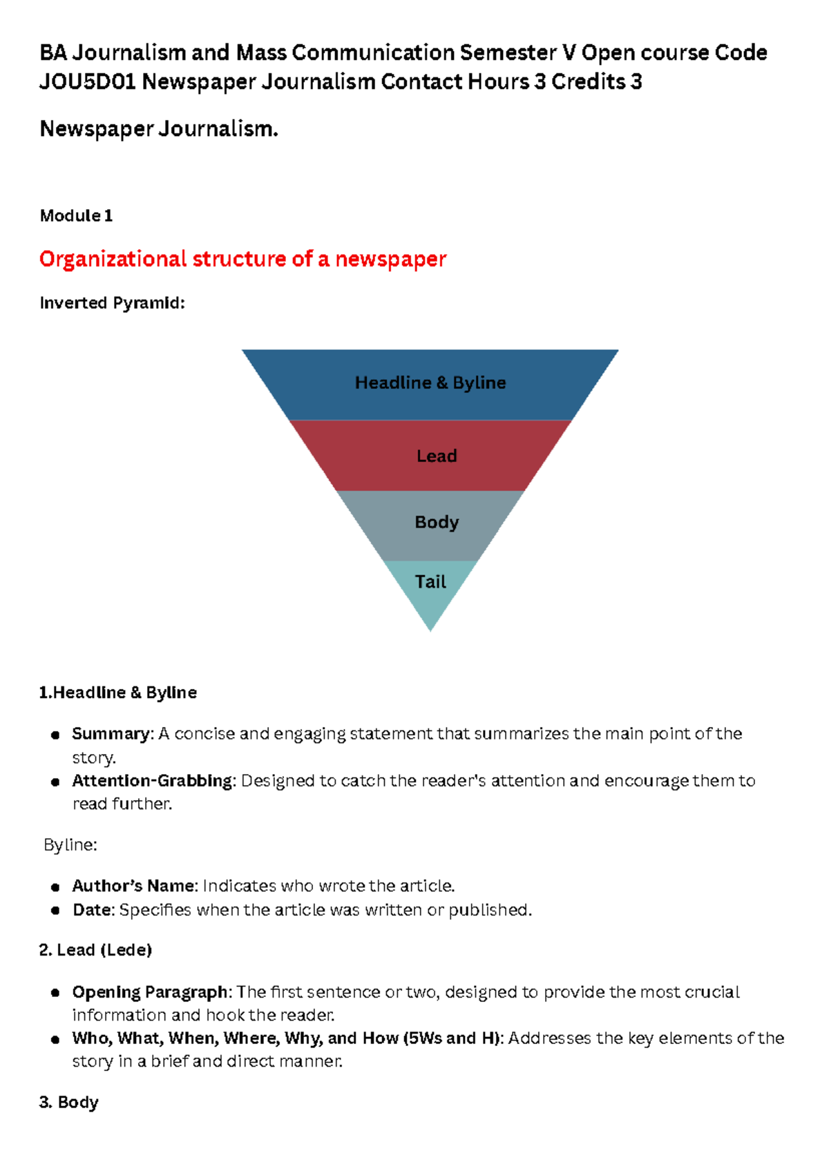 Newspaper Journalism 1-4 - BA Journalism and Mass Communication Semester V Open course Code ...