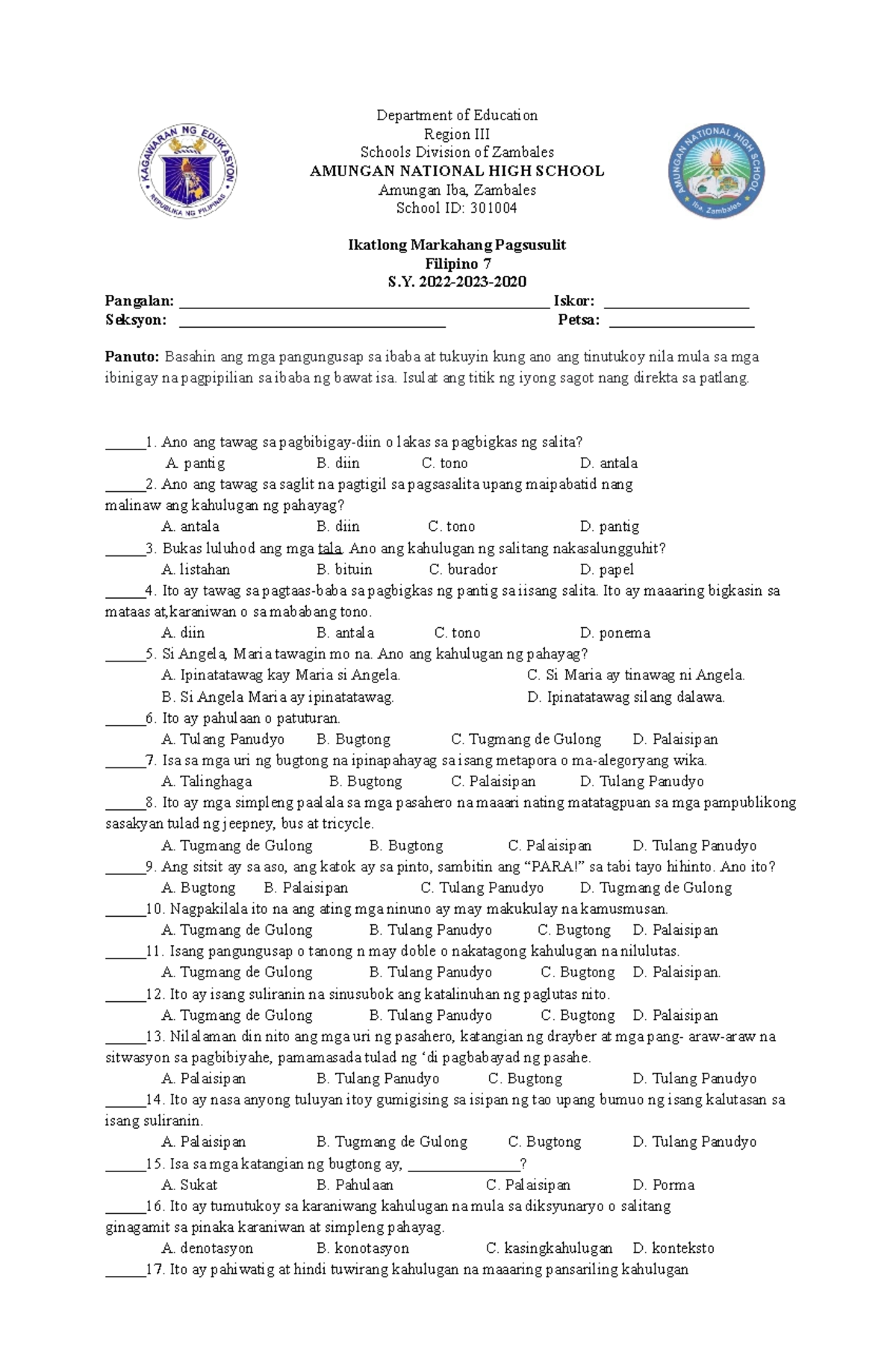 PT G7 Filipino - periodical exam - Department of Education Region III ...