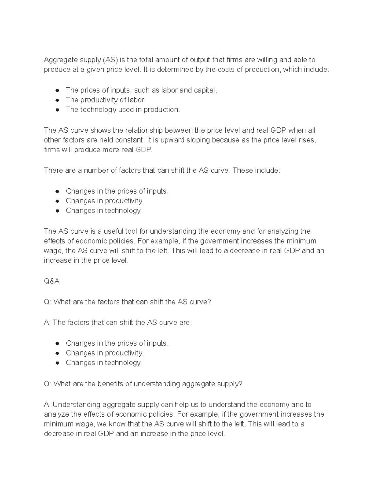 Lecture 4 Aggregate Supply - Aggregate supply (AS) is the total amount ...