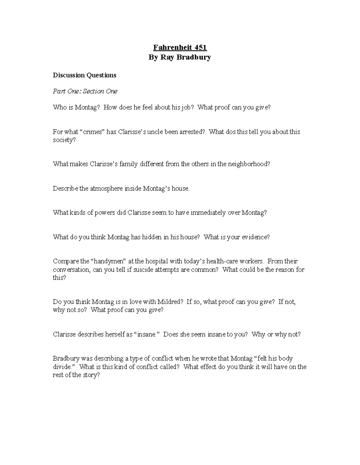 Fahrenheit 451 Discussion Questions - By Ray Bradbury Discussion ...
