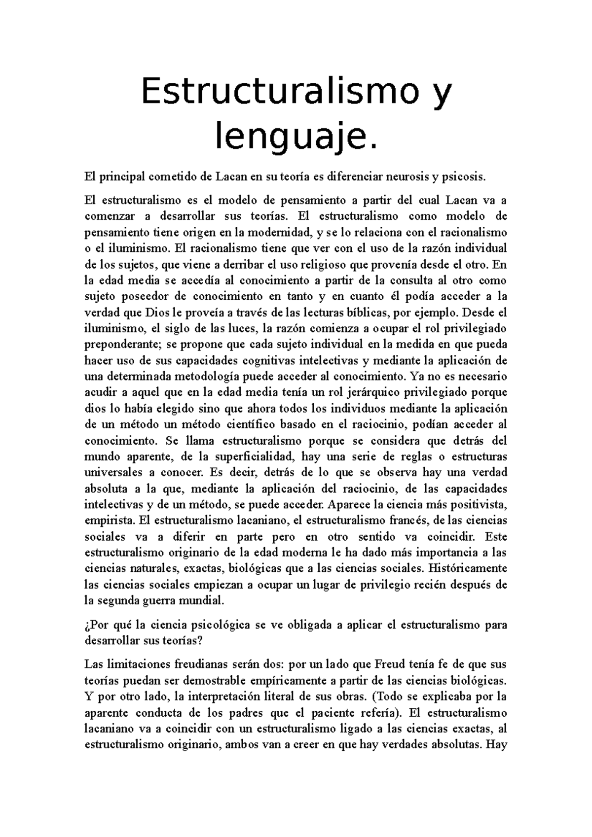 Lacan - Estructuralismo y lenguaje - Estructuralismo y lenguaje. El ...