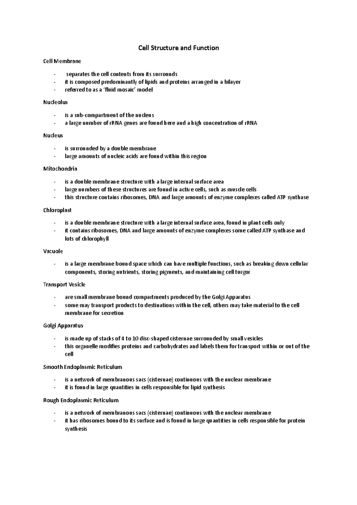 Cell Structure and Function - Studocu
