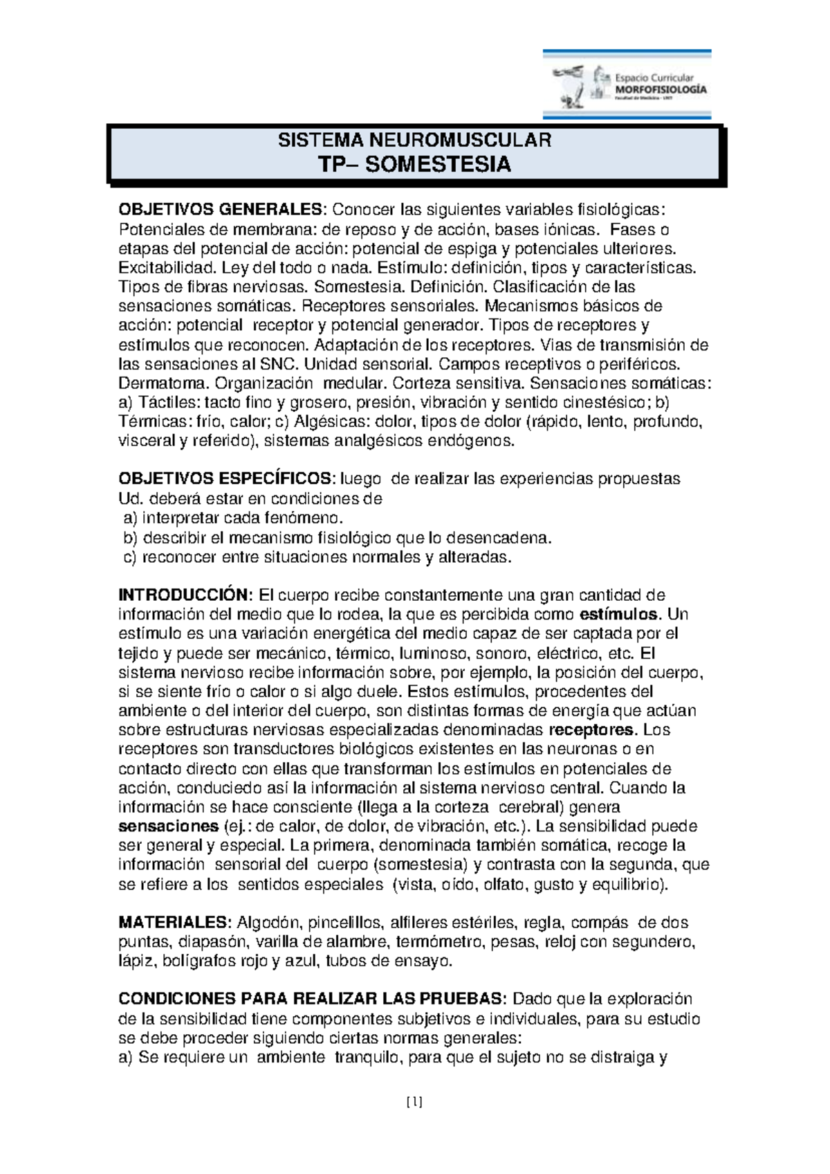 GUIA Somestesia - Trabajo practico fisio - SISTEMA NEUROMUSCULAR TP ...
