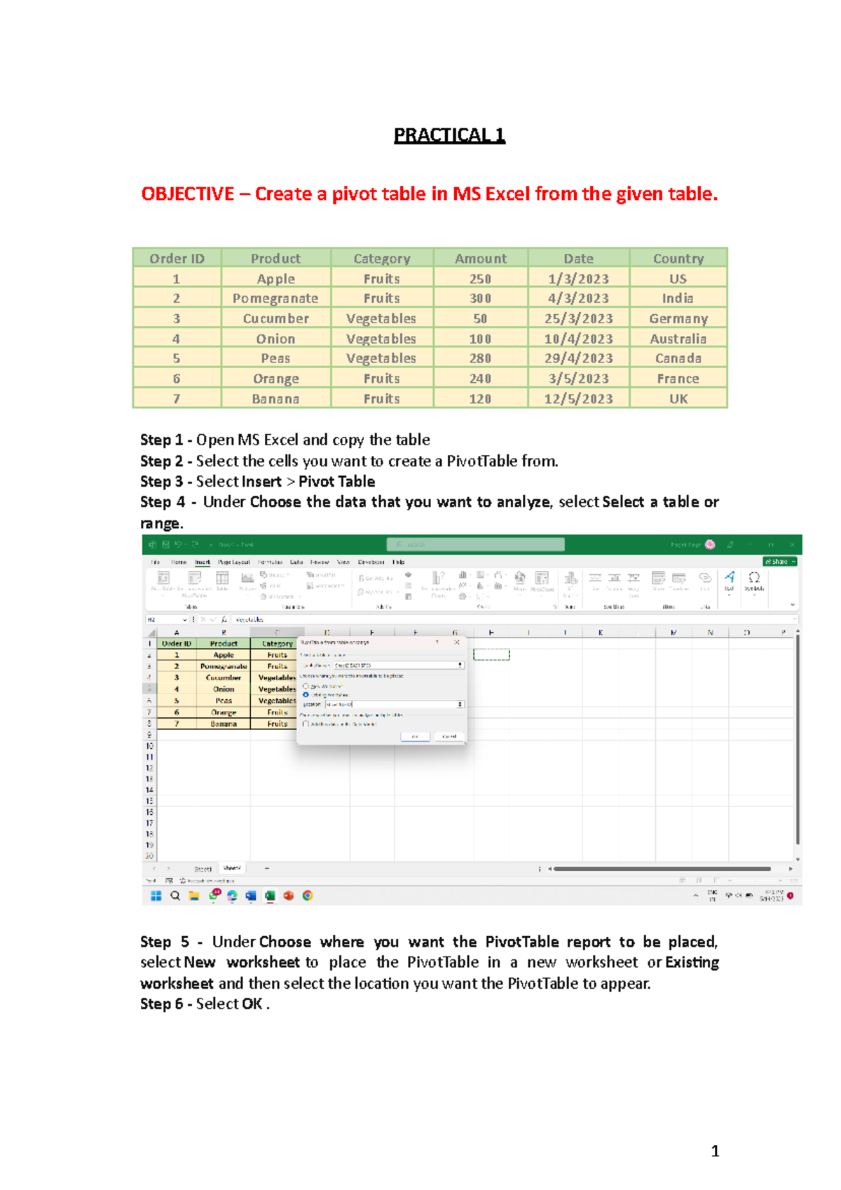 IT Skills (1-20) - xckg - PRACTICAL 1 OBJECTIVE – Create a pivot table ...