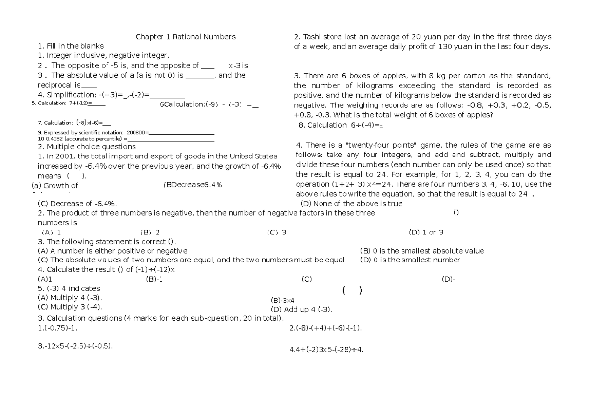 Chapter 1 Rational Numbers - Chapter 1 Rational Numbers Fill in the ...