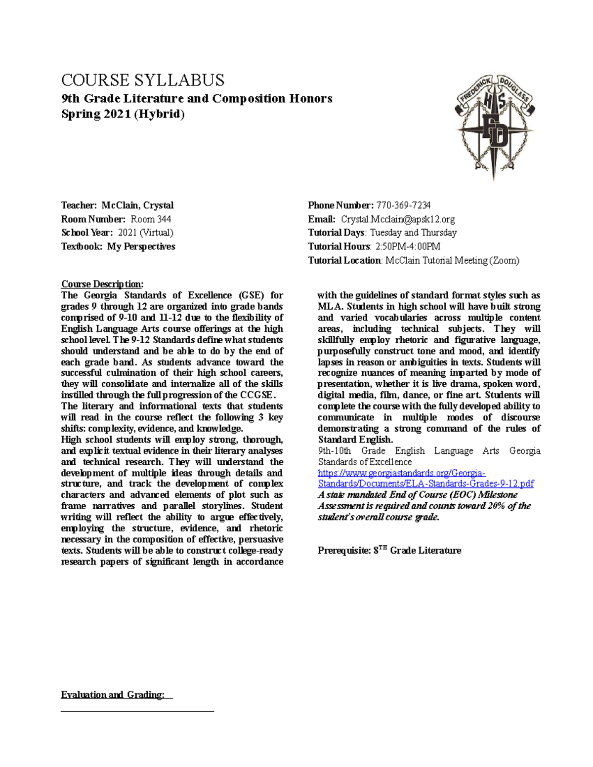 Mc Clain 9th Grade Lit Comp Virtual Syllabus Honors Spring - COURSE SYLLABUS 9th Grade ...