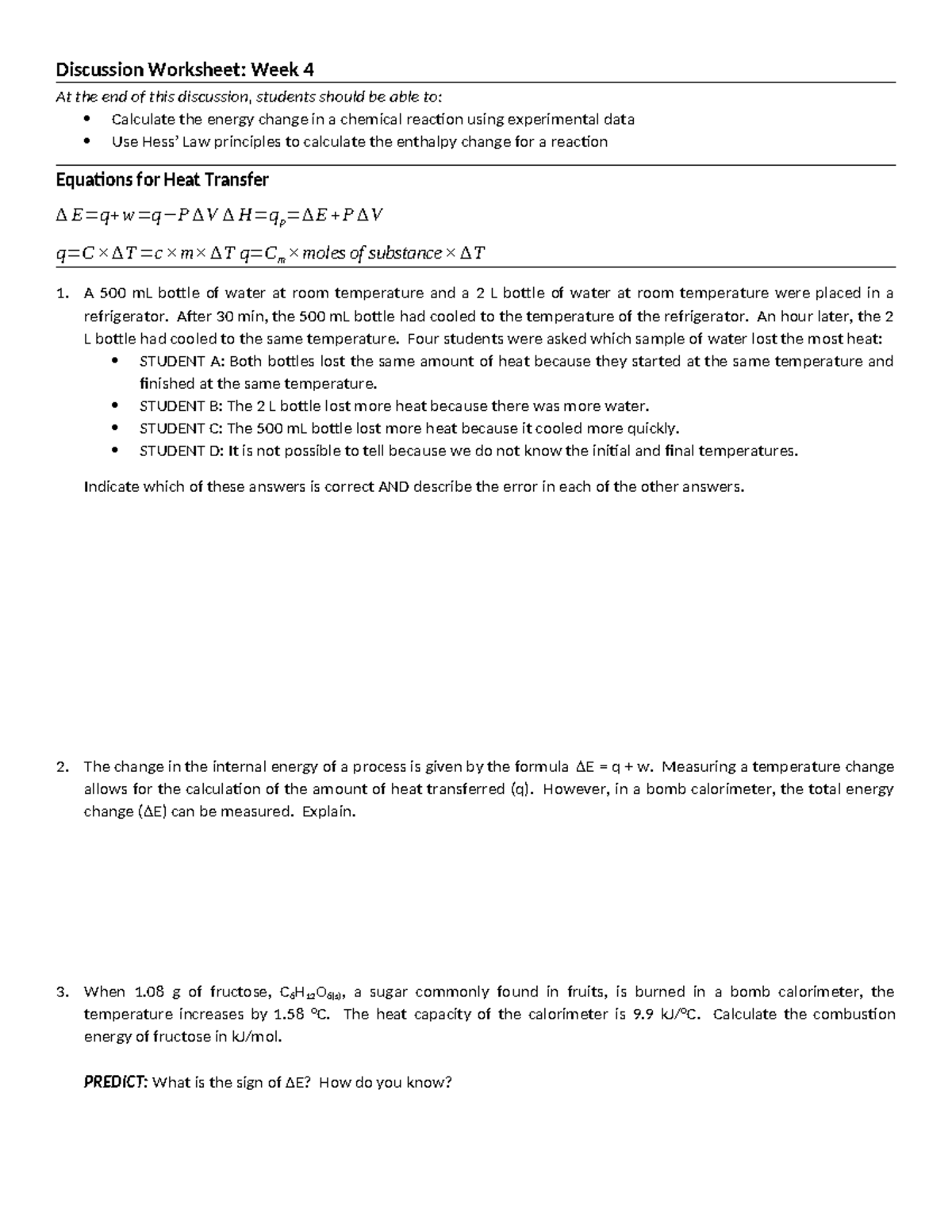 Discussion Week 4 Calorimetry and Hess' Law - Discussion Worksheet ...
