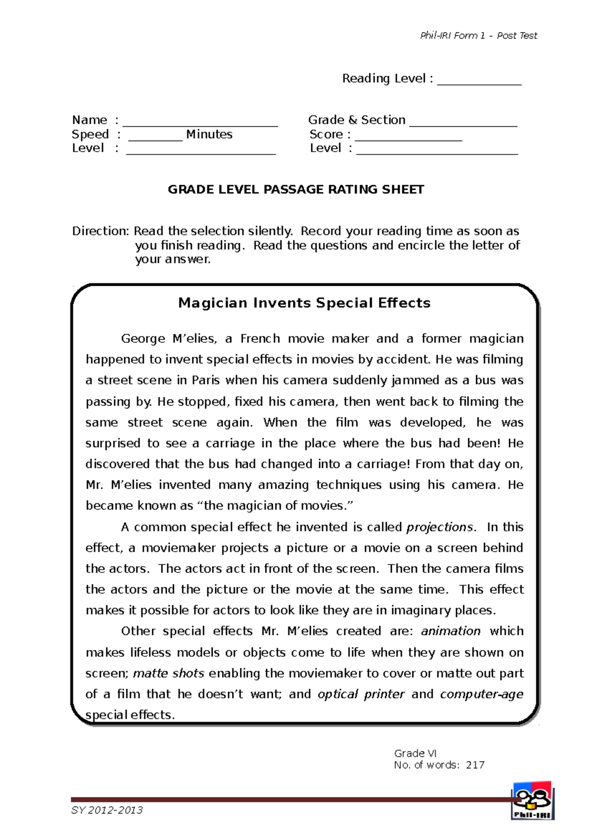 Grade 6.Magician Invents Special Effects - Reading Level ...
