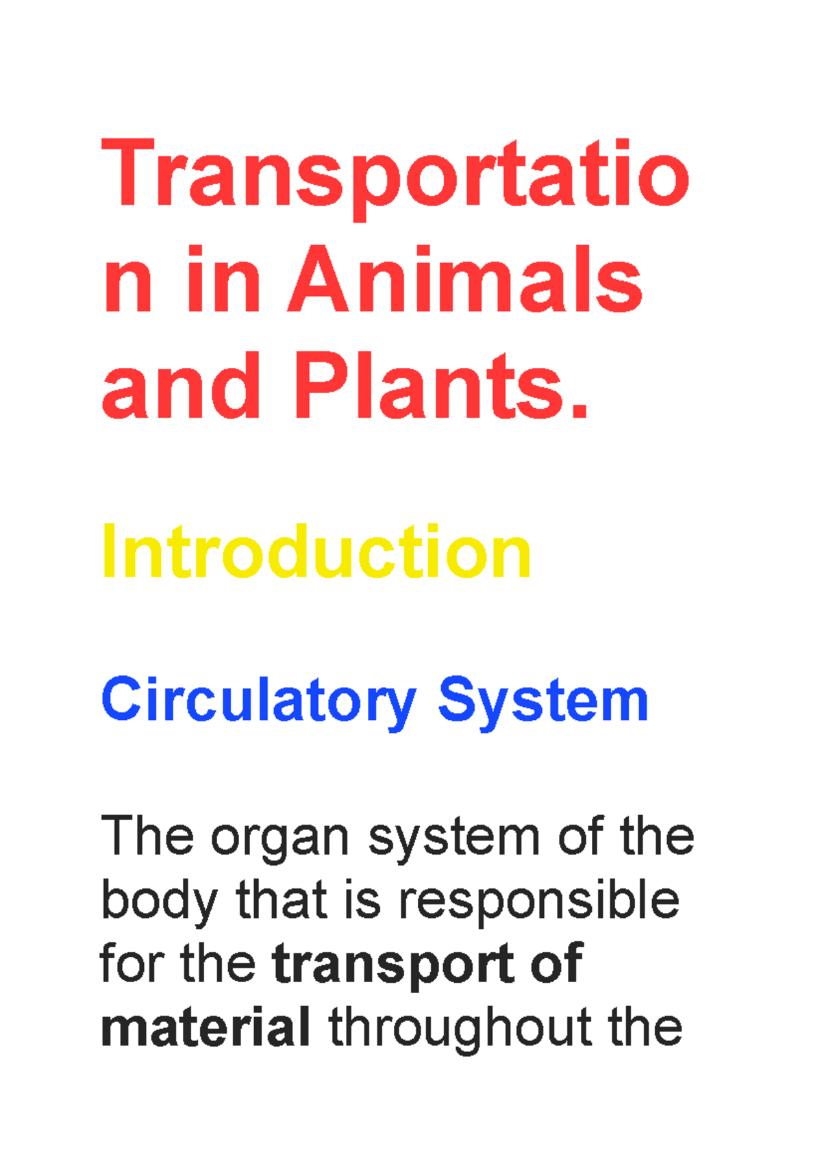 Transportation IN Animals AND Plants - Transportatio n in Animals and ...