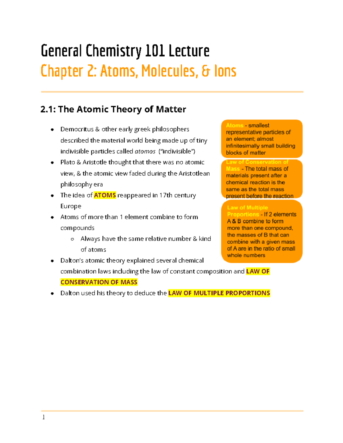 General Chem Ch.2 Notes - General Chemistry 101 Lecture Chapter 2 ...