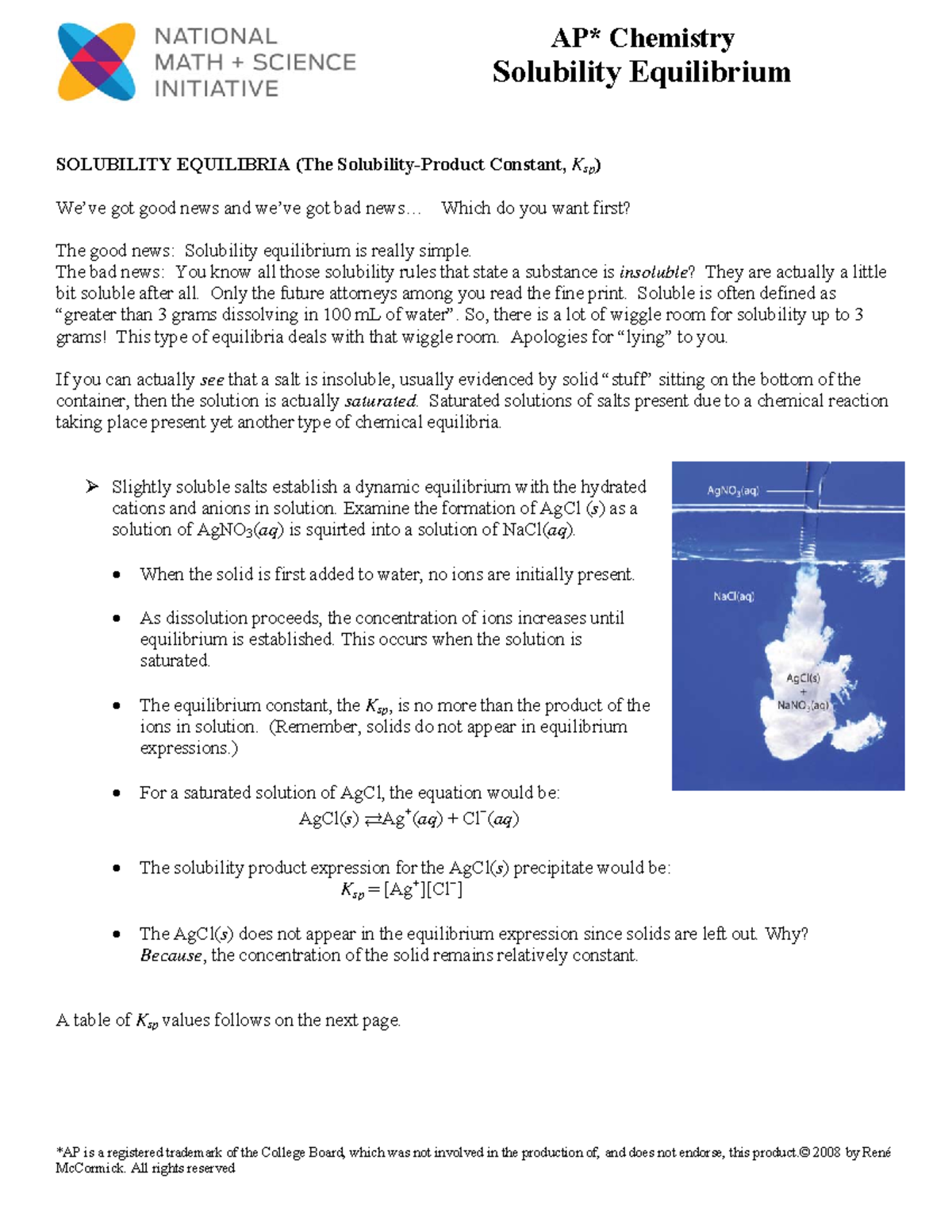 Solubility equilibria - AP* Chemistry Solubility Equilibrium *AP is a ...