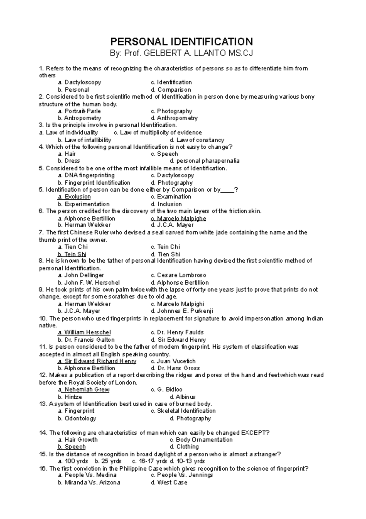 Personal Identification post test - PERSONAL IDENTIFICATION By: Prof ...