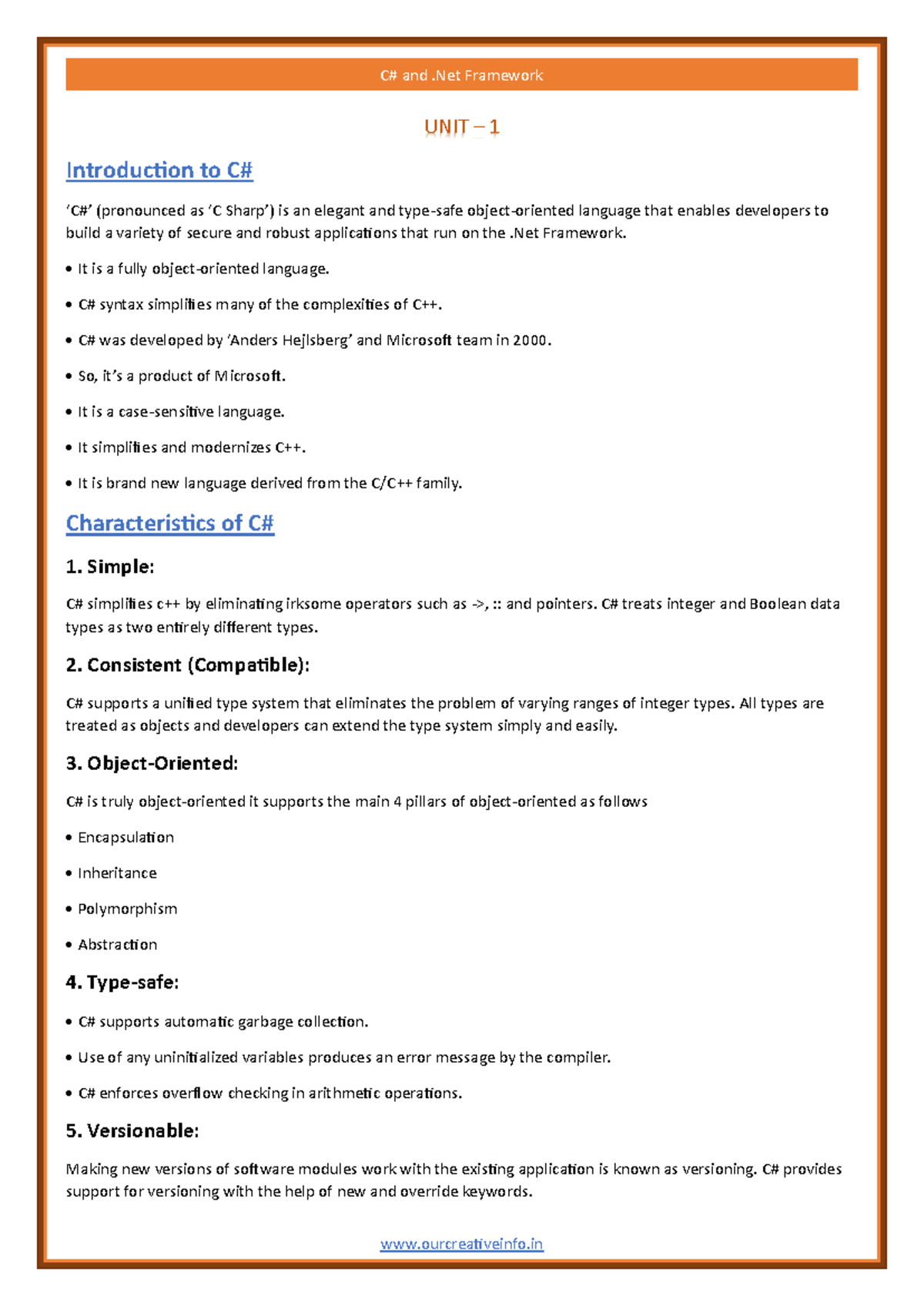 OCI C Unit 1... - UNIT – 1 Introduction to C# ‘C#’ (pronounced as ‘C Sharp’) is an elegant and ...
