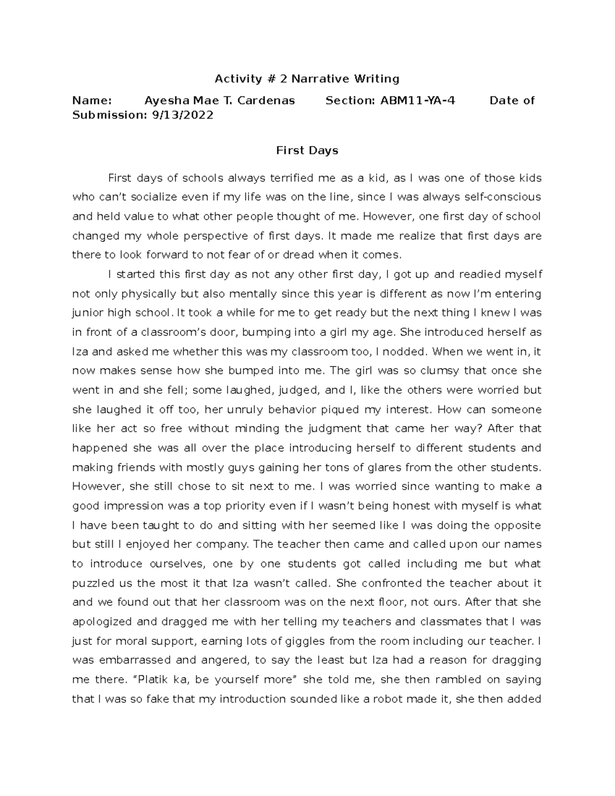 Narrative Writing Activity-2 - Activity # 2 Narrative Writing Name ...