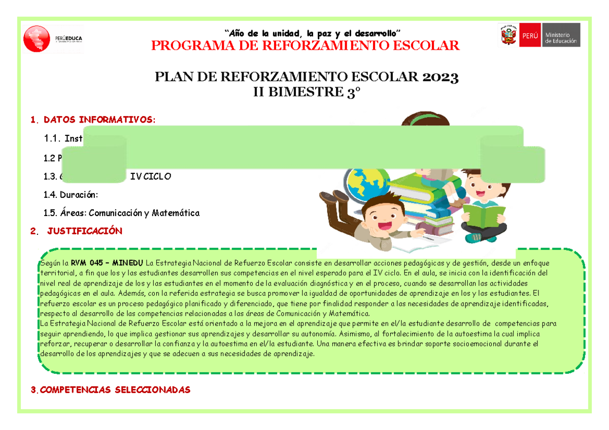 3° PLAN DE Reforzamiento II Bimestre EDA 4 3ro - DATOS INFORMATIVOS: Institución educativa: 1 ...