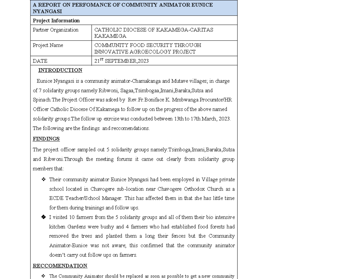 Eunice Nyangasi - N/A - A REPORT ON PERFOMANCE OF COMMUNITY ANIMATOR ...