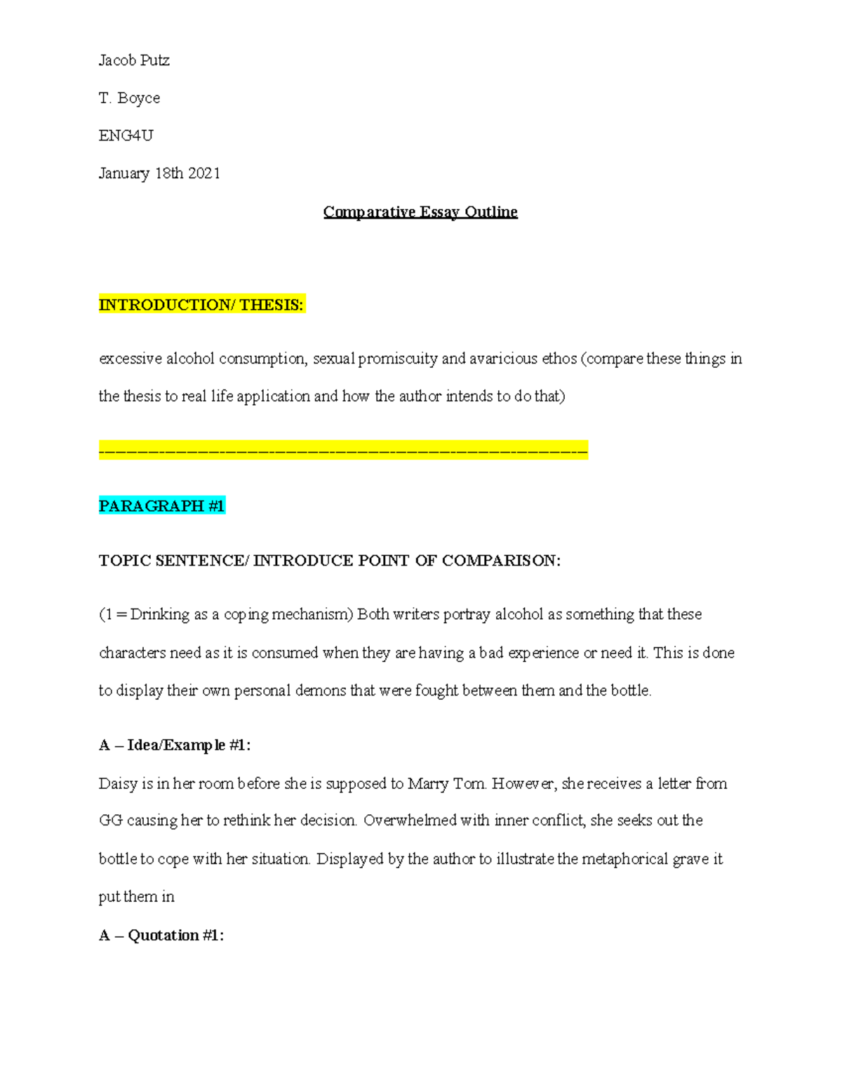ENG4U - Comparative Essay Outline 3 - Jacob Putz - Jacob Putz T. Boyce ...