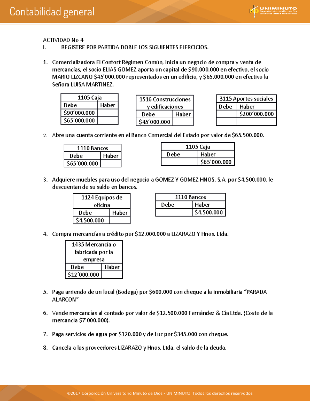 Asientos Contables Simples - ACTIVIDAD No 4 I. REGISTRE POR PARTIDA ...