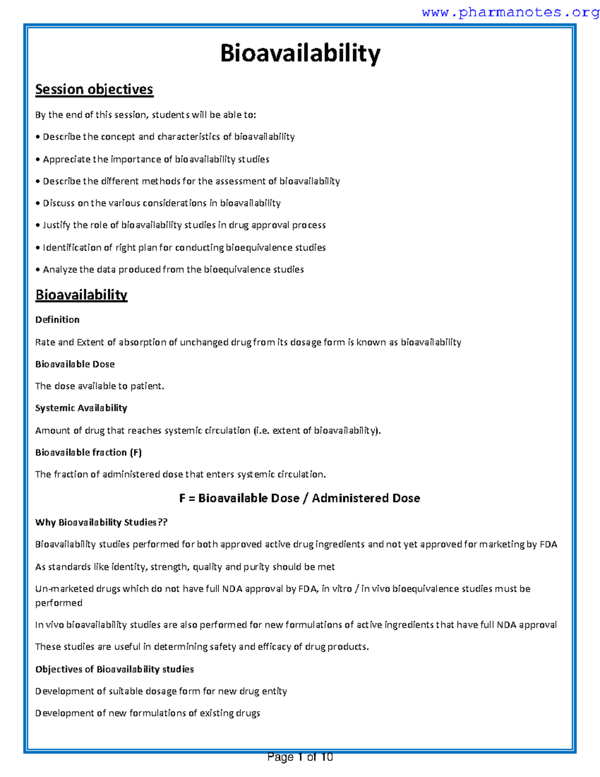 Bioavailability notes - Bioavailability Session objectives By the end ...