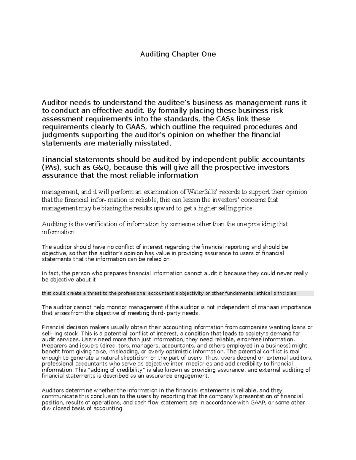 Auditing Chapter 1 key notes for exam - Auditing Chapter One Auditor ...