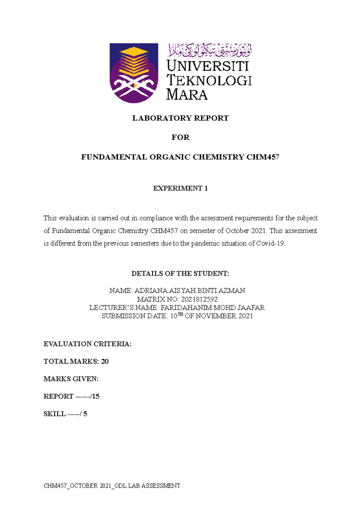 CHM457 Experiment 1 - kindly use my assignments for your reference ...