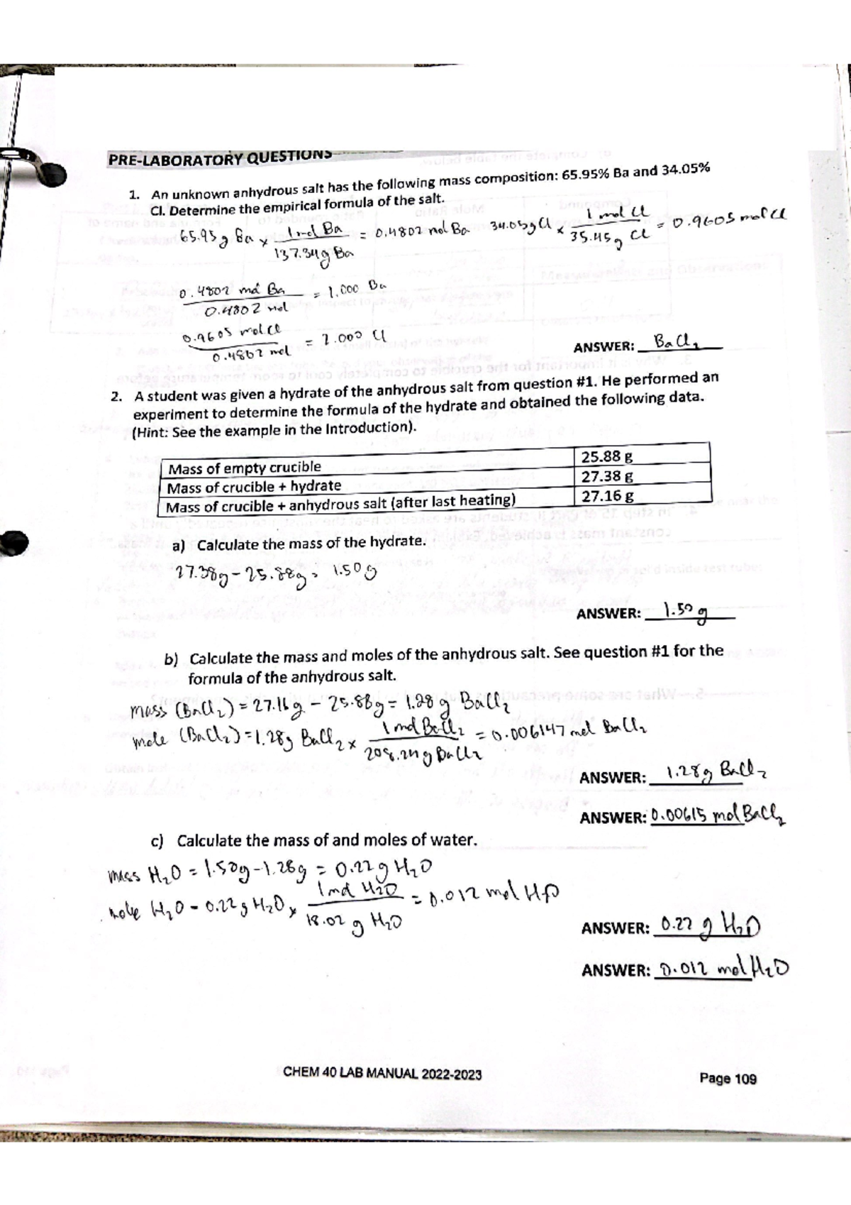 Formula of a Hydrate Pre-Lab - ition: 9 and 1. An unknown anhydrous ...