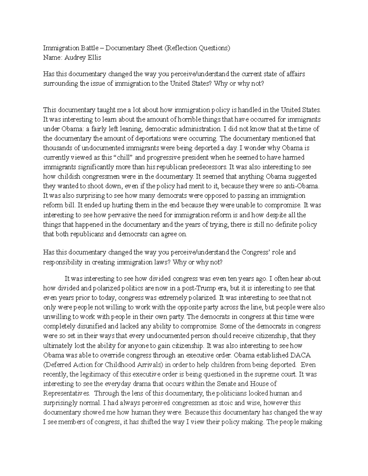 Immigration Battle – Documentary Sheet (Reflection Questions) - It was ...