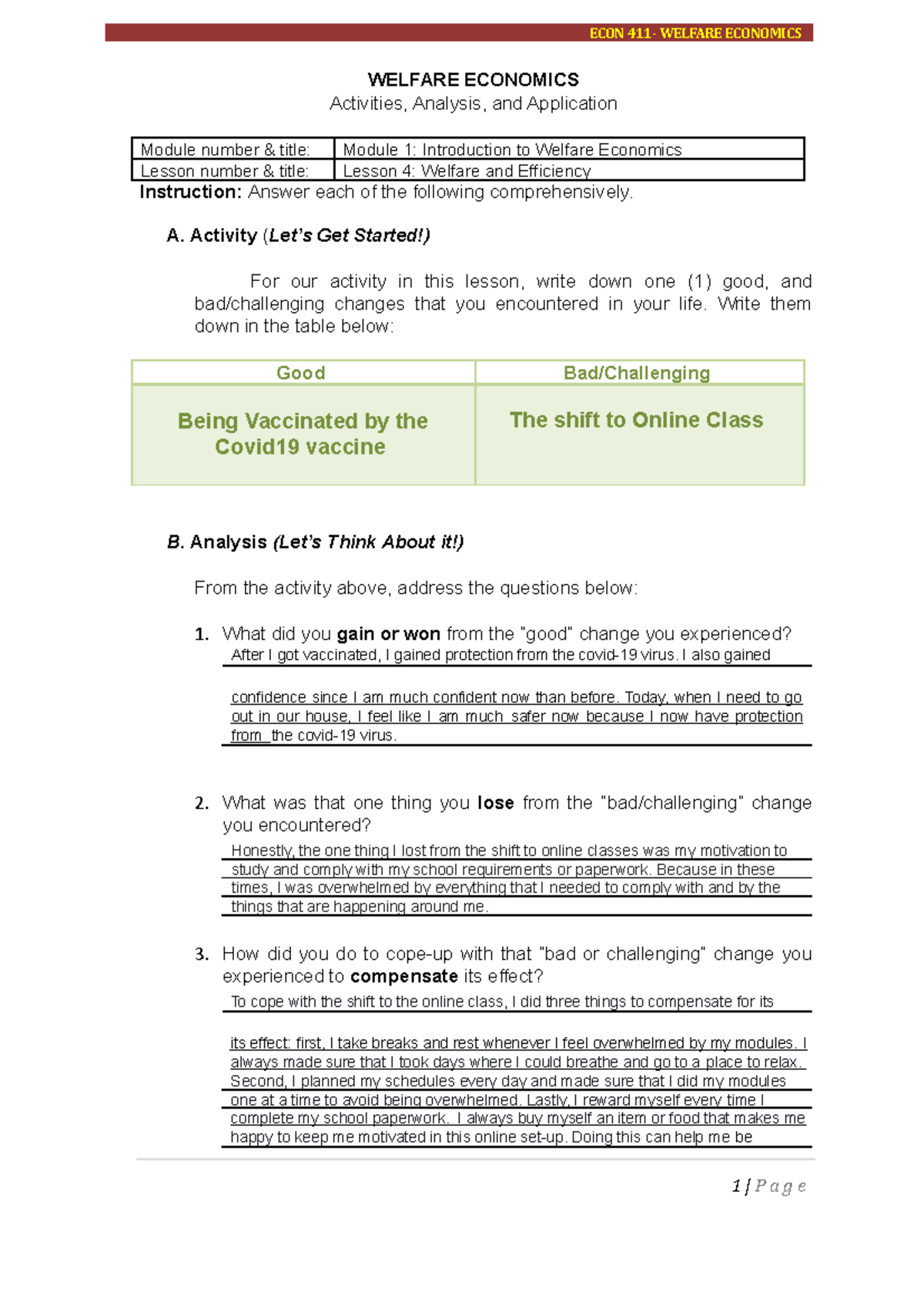 M1L4 - Activity on welfare and efficiency - ECON 411- WELFARE ECONOMICS ...