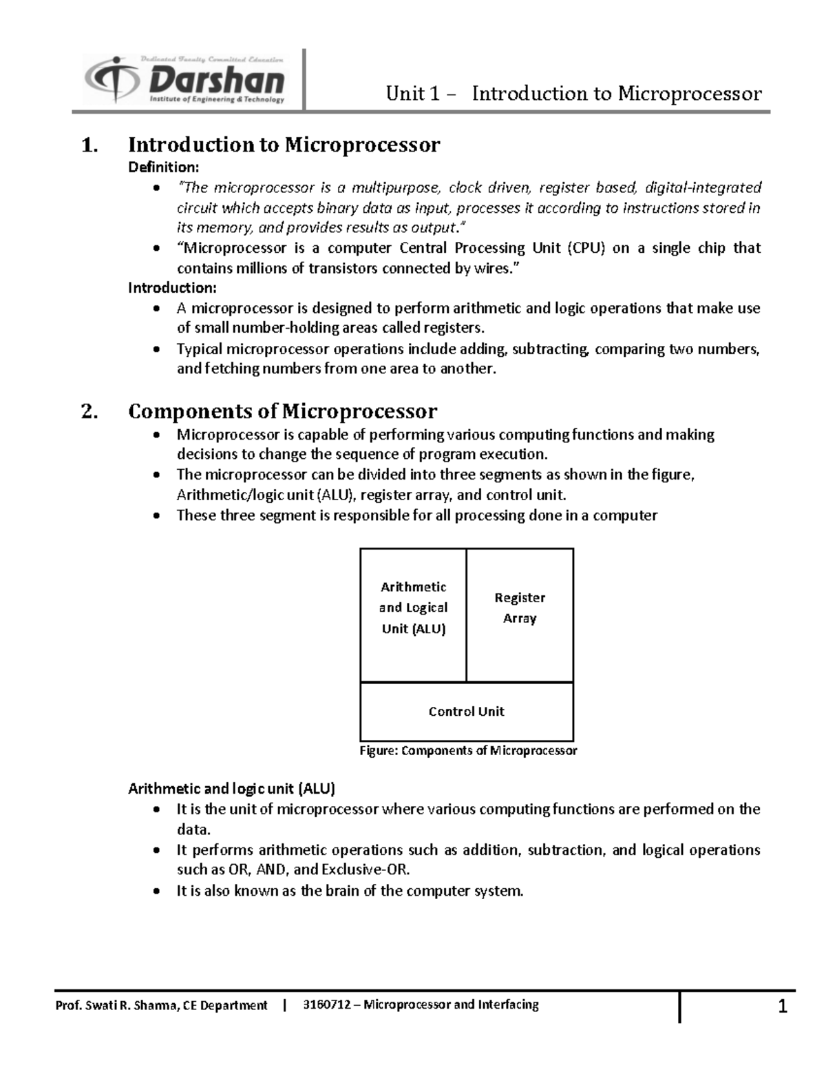 MAI Notes - Unit 1 – Introduction to Microprocessor Prof. Swati R ...