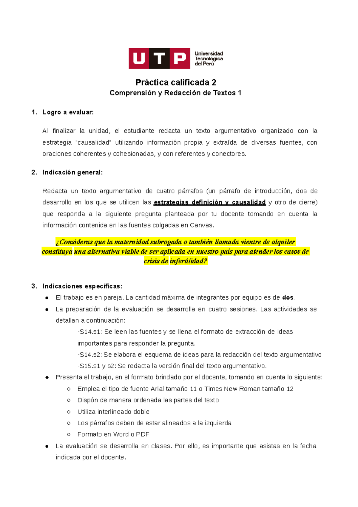 GC N01I PC2Consigna 22C1M - Práctica calificada 2 Comprensión y Redacción de Textos 1 Logro a ...