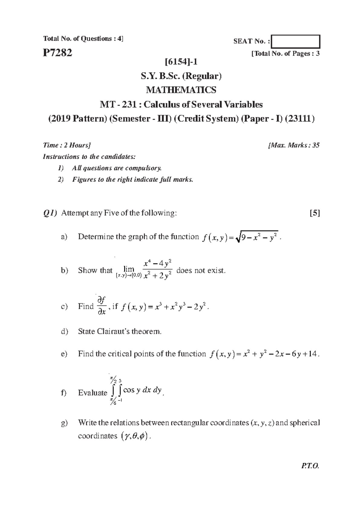 S.Y.B.SC ( SEM. - III ) 2019 Pattern - Total No. of Questions : 4 ...