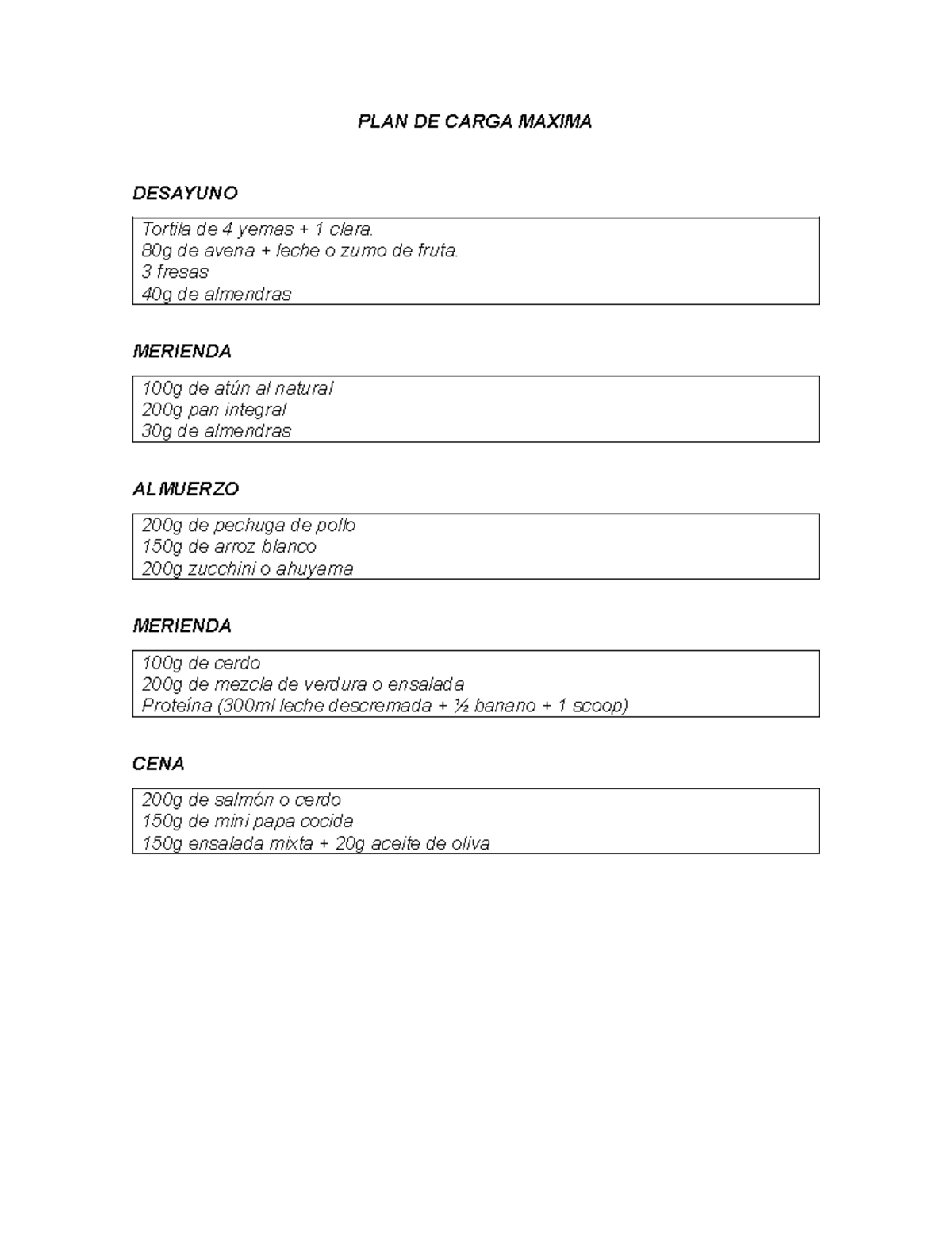 Dieta Maxima Carga - xcxcxcxc - ACTIVIDAD DEPORTIVA - PLAN DE CARGA ...