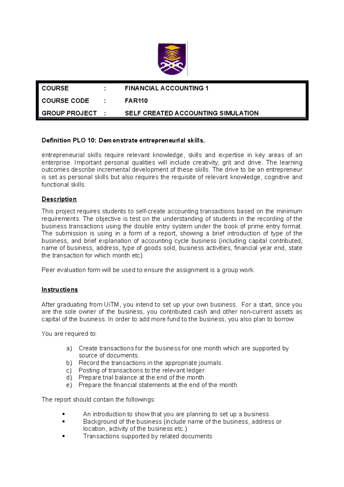 SELF Created Accounting Simulation - COURSE : FINANCIAL ACCOUNTING 1 ...
