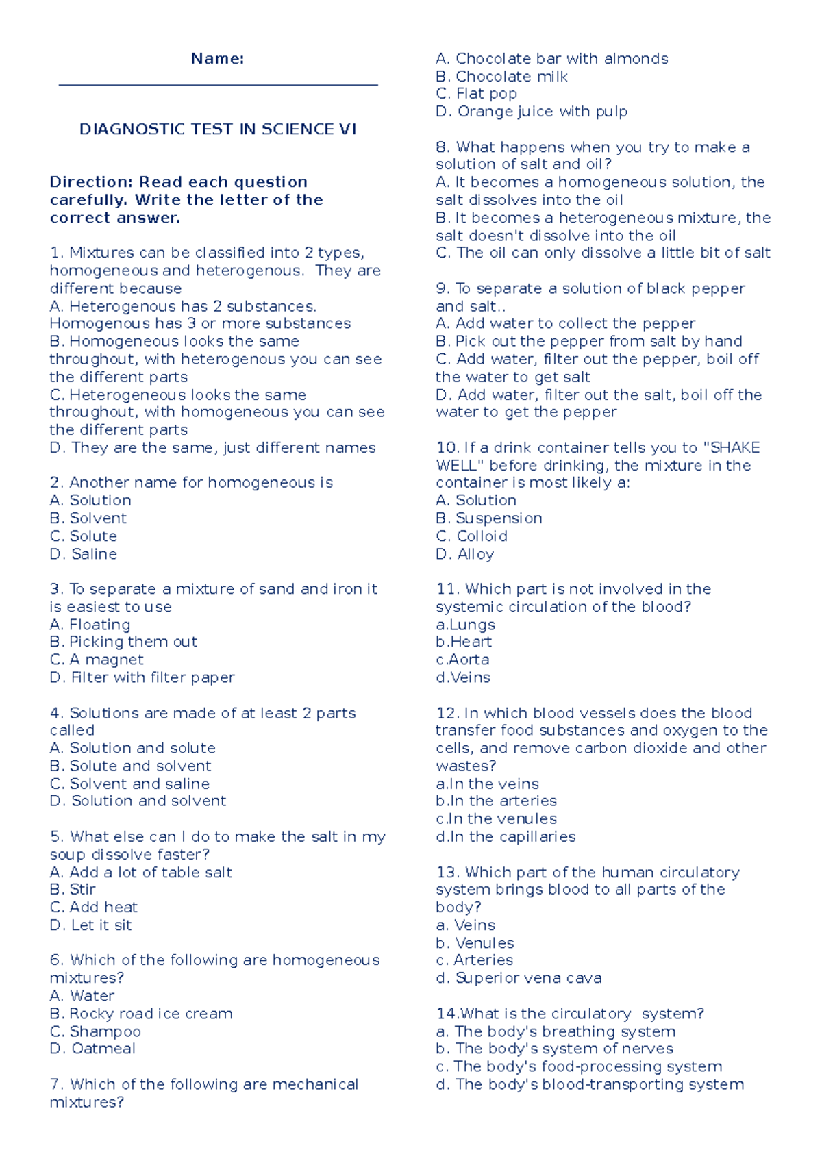 Diagnostic Test Name DIAGNOSTIC TEST IN SCIENCE VI Direction Read diagnostic-test-name-diagnostic-test-in-science-vi-direction-read