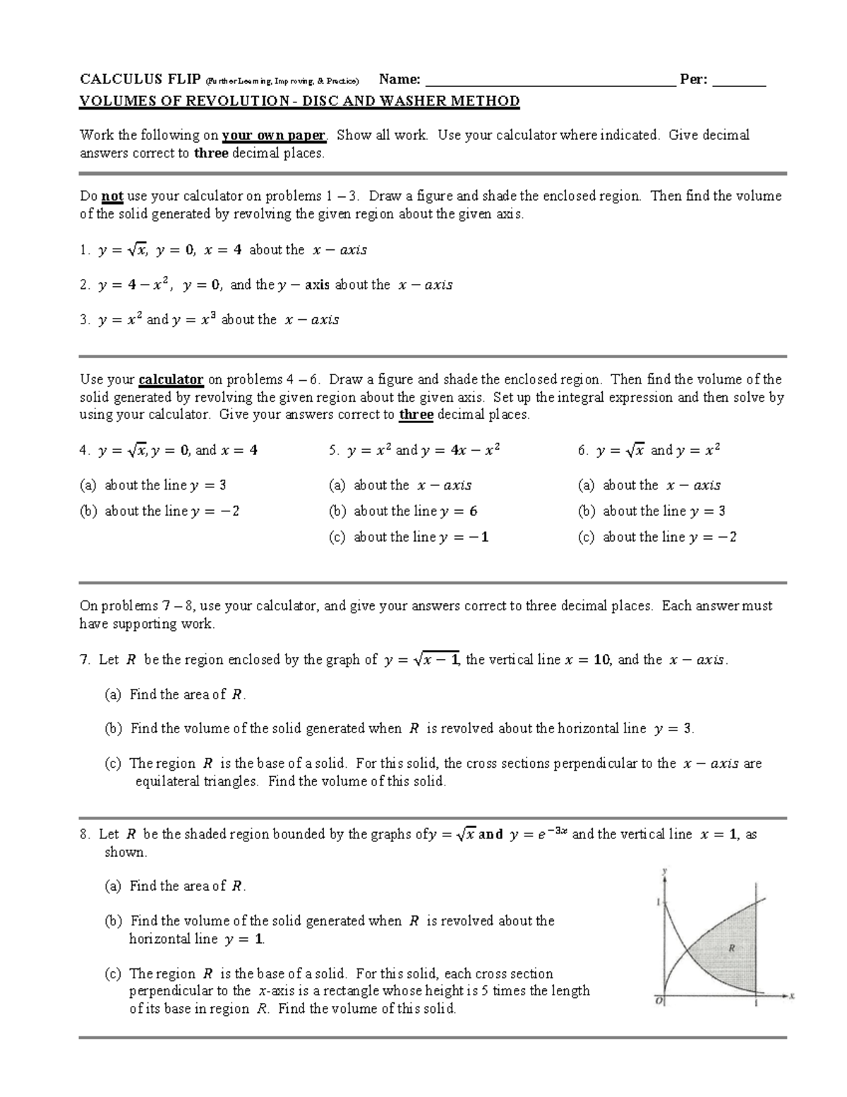 CALC Volumes of Revolution - Disc and Washer Method FLIP (Answers ...