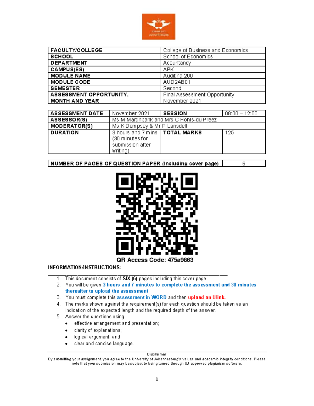November Exam 2021 - Required - FACULTY/COLLEGE College of Business and ...