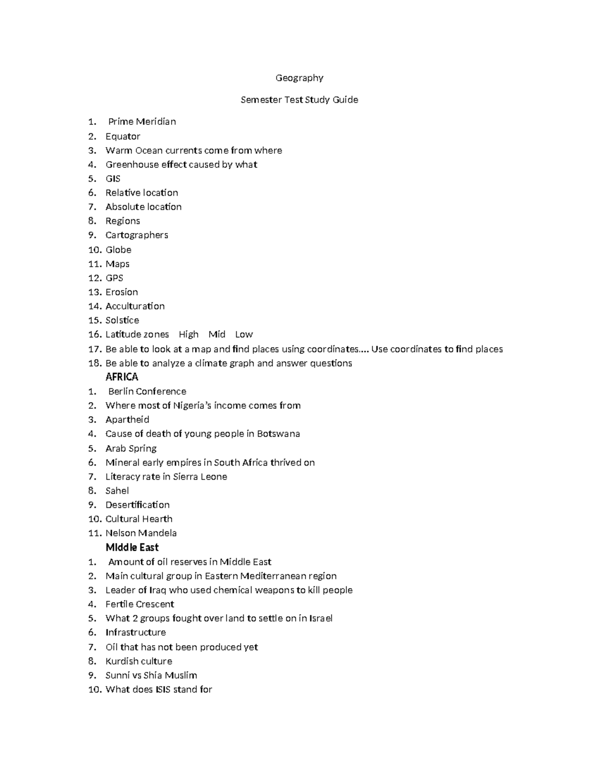 Semester test Study Guide - Geography Semester Test Study Guide Prime ...