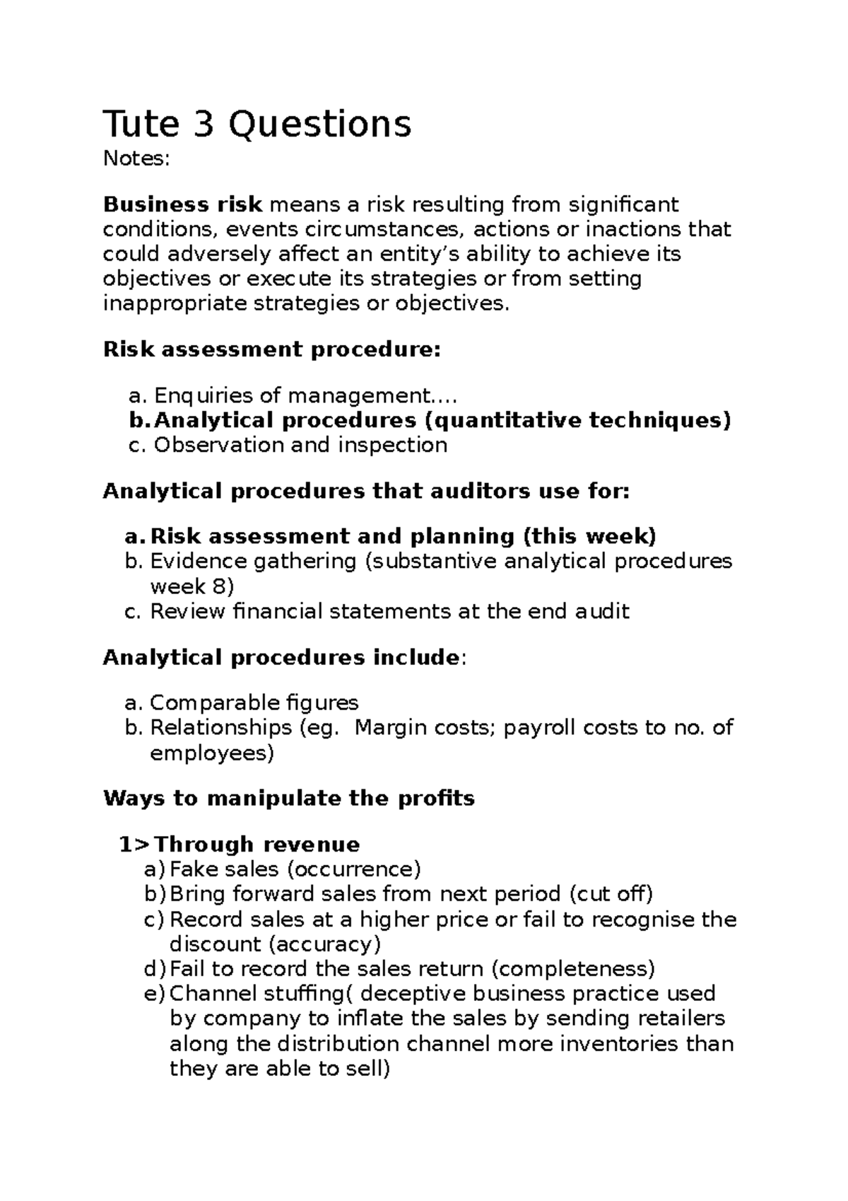 Tute 3 Questions - Tutorial question - Auditing and Assurance Service ...