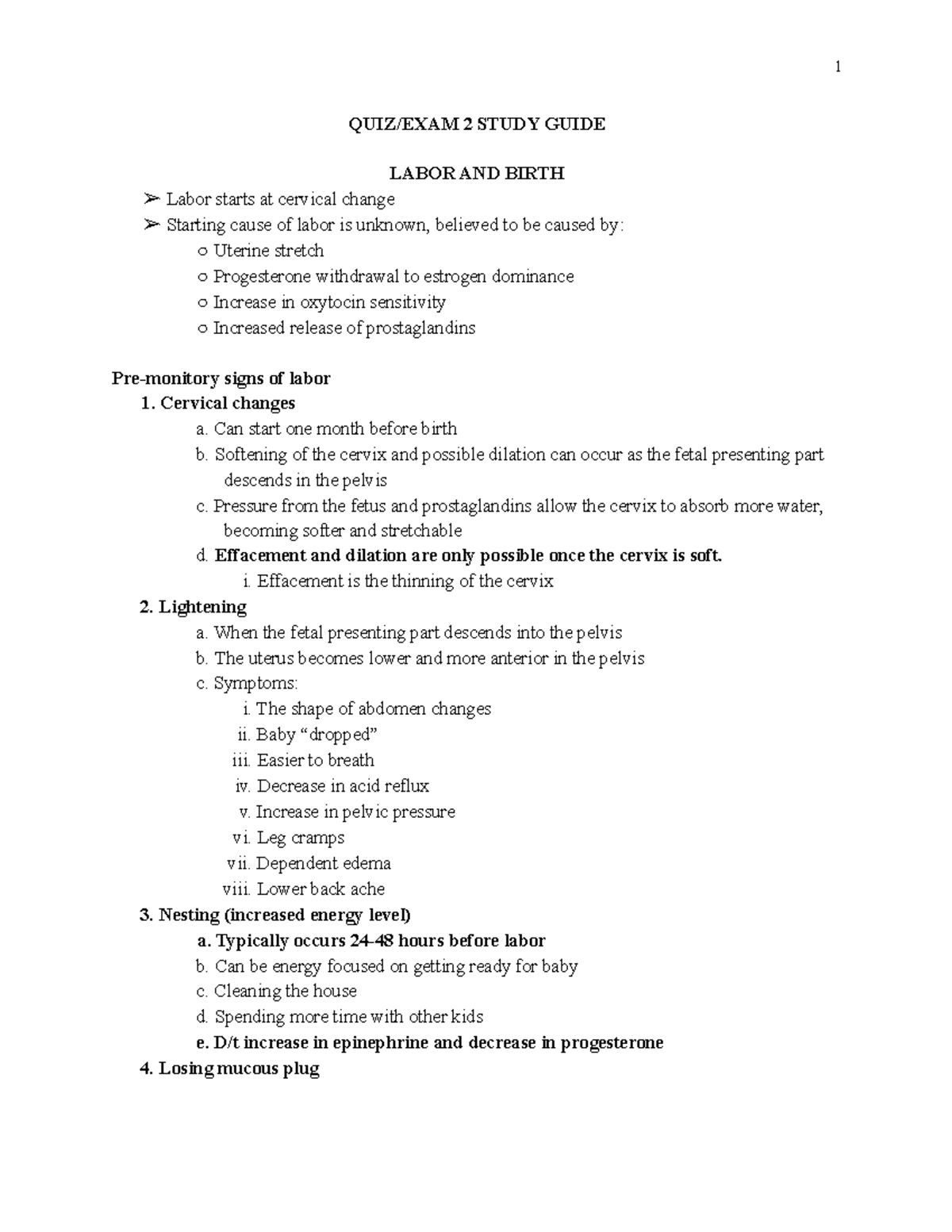 OB QUIZ & EXAM 2 Study Guide - 1 QUIZ/EXAM 2 STUDY GUIDE LABOR AND ...