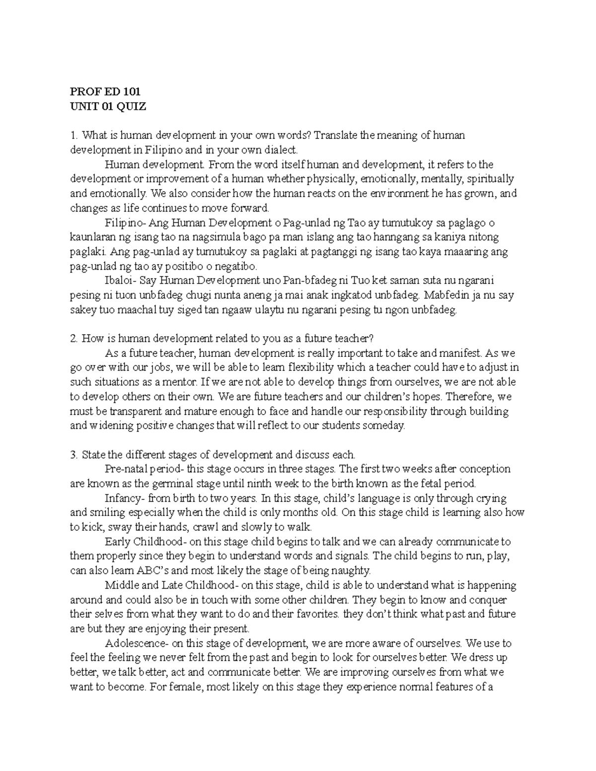 PROF ED 101 UNIT 01 QUIZ - Prof ed - PROF ED 101 UNIT 01 QUIZ What is ...