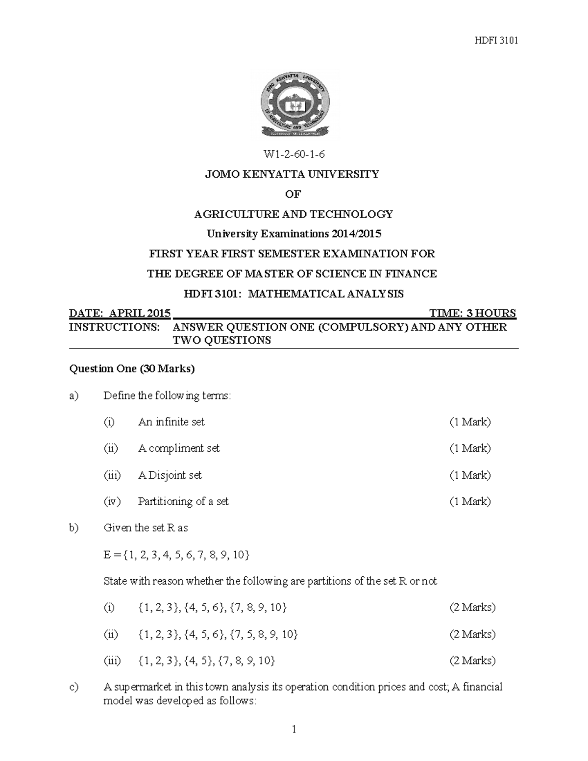 HDFI 3101 Mathematical Analysis - W1-2-60-1- JOMO KENYATTA UNIVERSITY ...