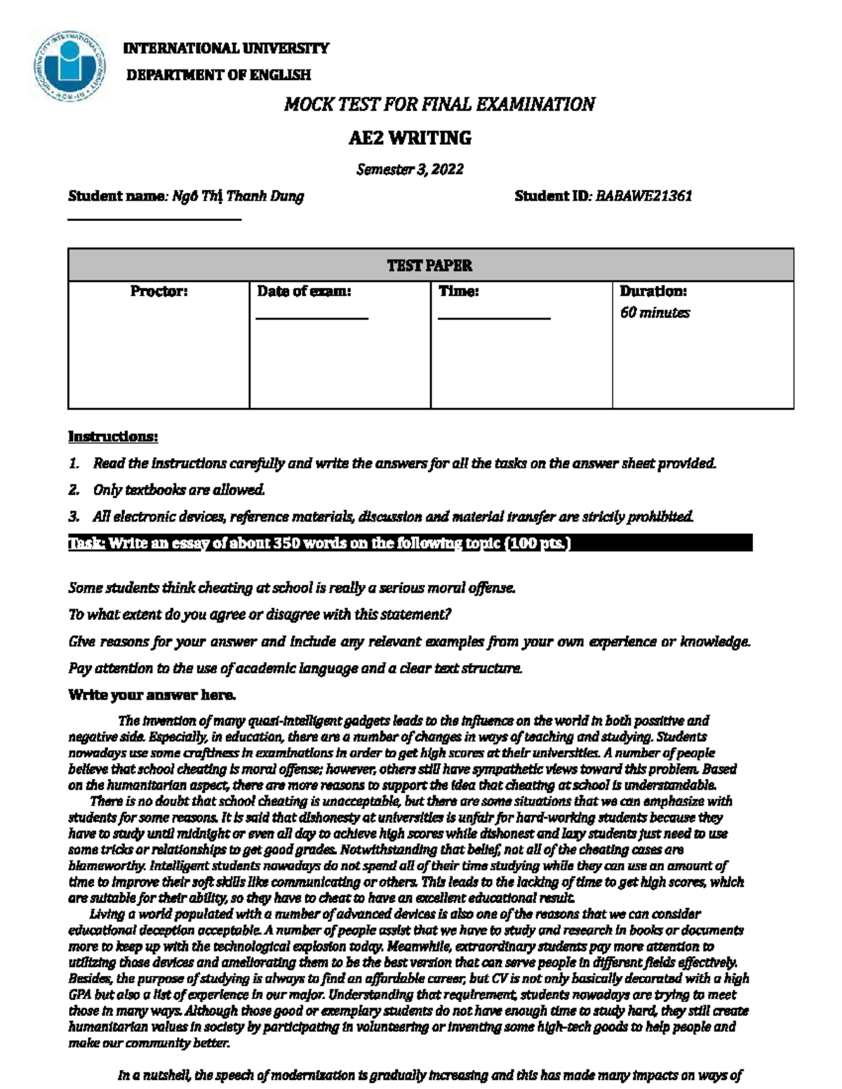 W final - INTERNATIONAL INTERNATIONAL UNIVERSITY DEPARTMENT OF ENGLISH ...