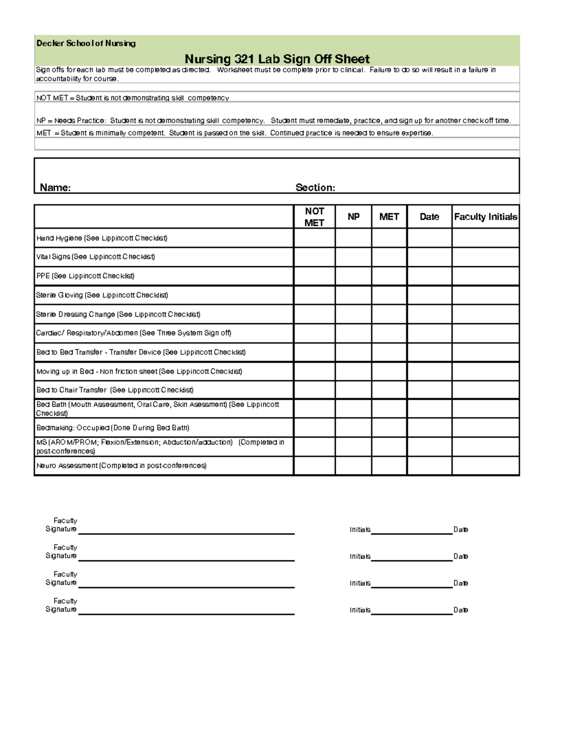 N321 Sign Offs - Sign Offs - Name: NOT MET NP MET Date Faculty ...
